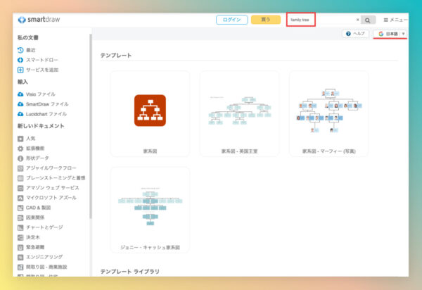 家系図作成の選択肢。テキスト・Smartdraw・Family